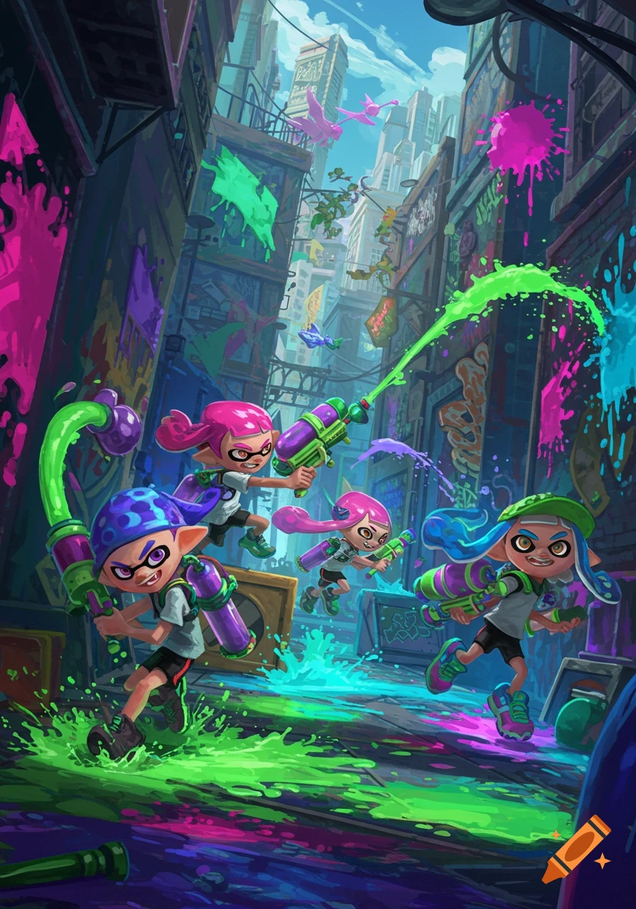 Colorful illustration of Splatoon characters battling in a neon ...