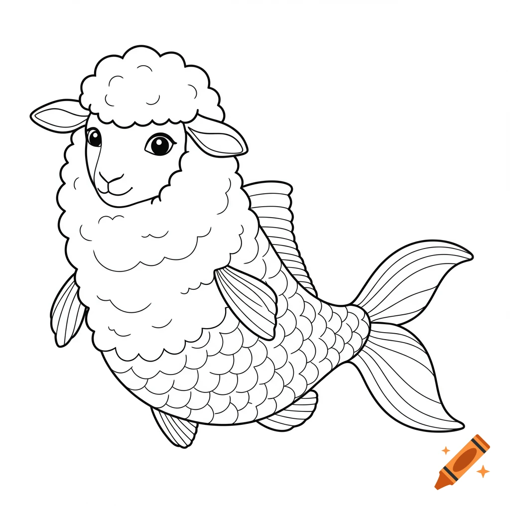 Line art of a friendly, smiling cartoon sheep with a fish body, tail ...