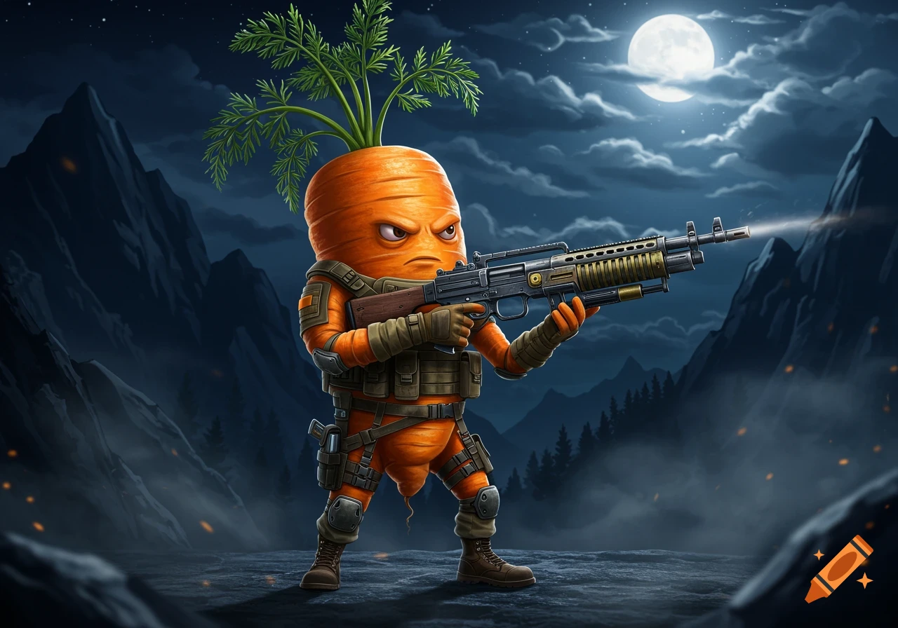 A grim, anthropomorphic pickle soldier in a camouflage uniform holds an ...