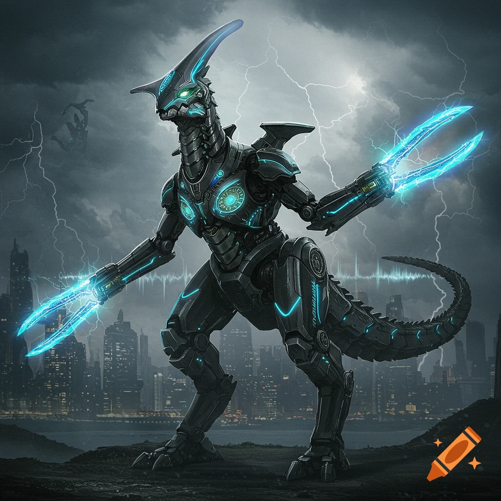 An armored, dark grey robot resembling a dinosaur or kaiju with glowing ...