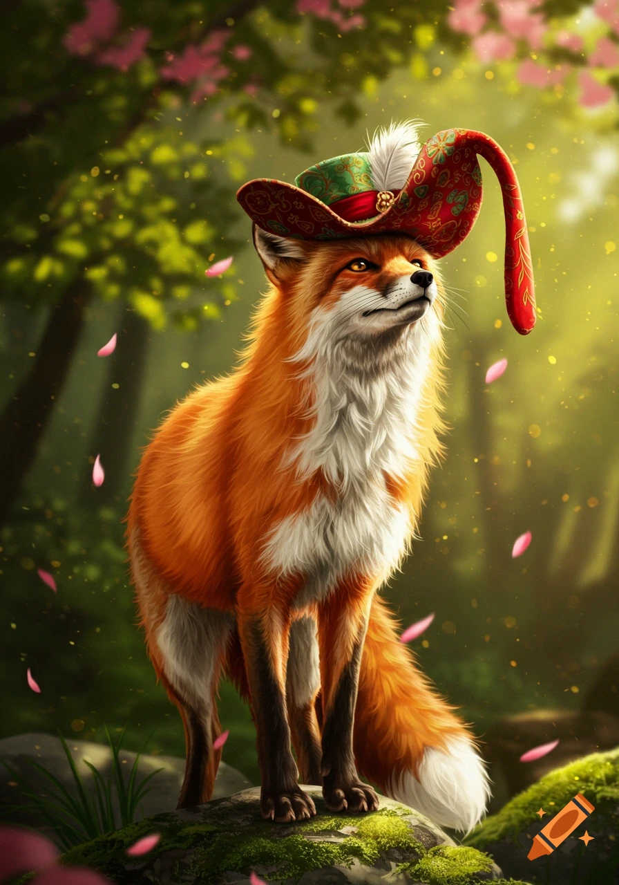 A red fox wearing an elaborate, decorated hat stands in a sunlit ...