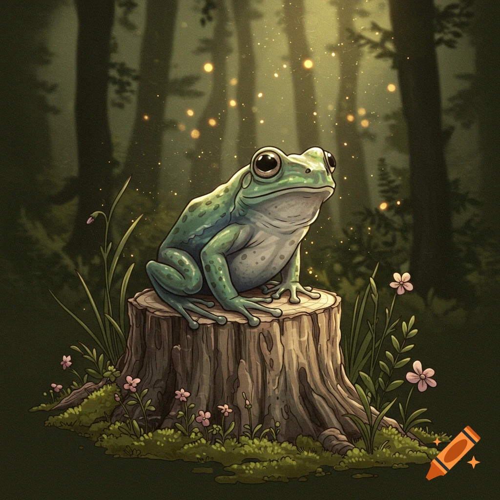 A green cartoon frog sits on a tree stump in a mystical forest with ...