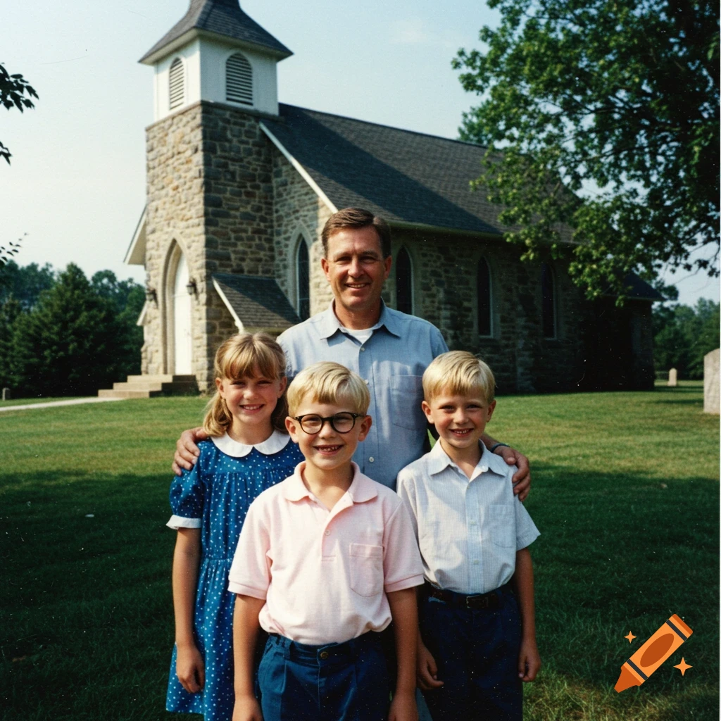 A smiling father and his three young children stand on grass in front ...