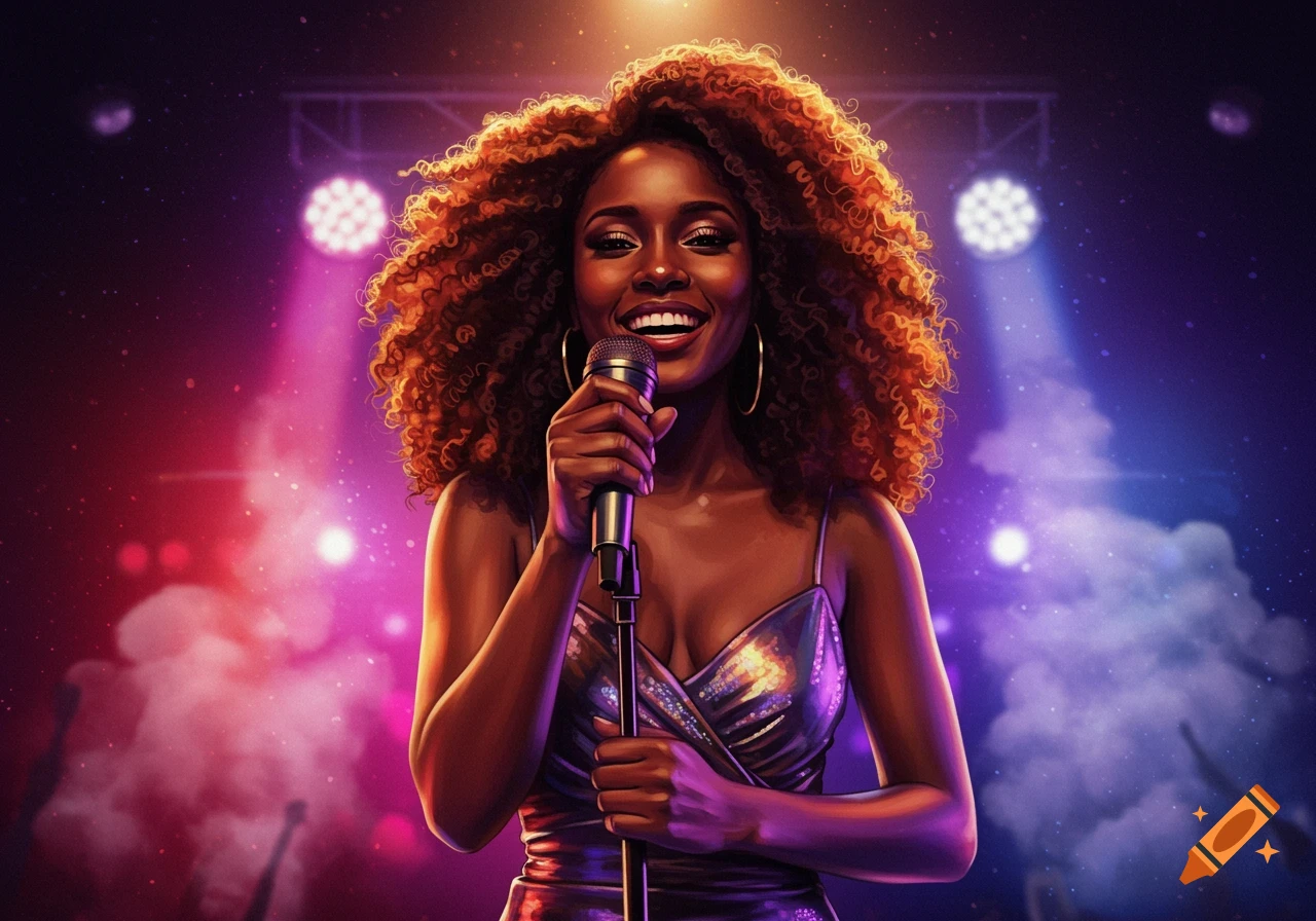 A Black couple in formal wear singing into microphones on a golden ...