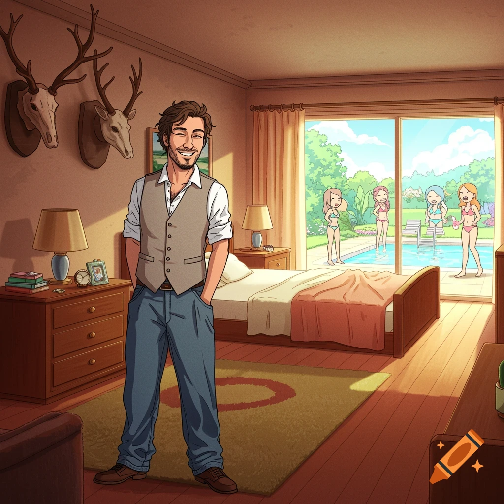 A cartoon man in an anime style struggles to pull his very baggy blue ...