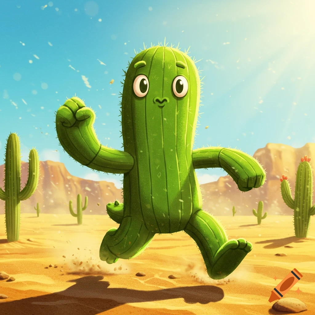A cartoon cactus creature with arms and legs runs through a sunny ...