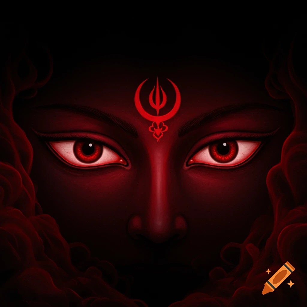 Close-up of Goddess Kali's red eyes and forehead with a red trident ...