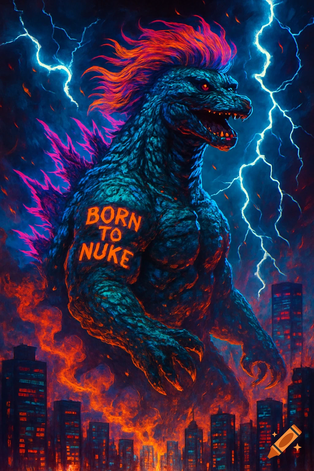 A stylized cartoon Godzilla with a blocky body shaped like the letter Z ...