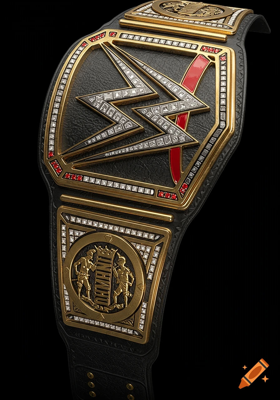 Gold WWE logo belt with intricate designs on Craiyon