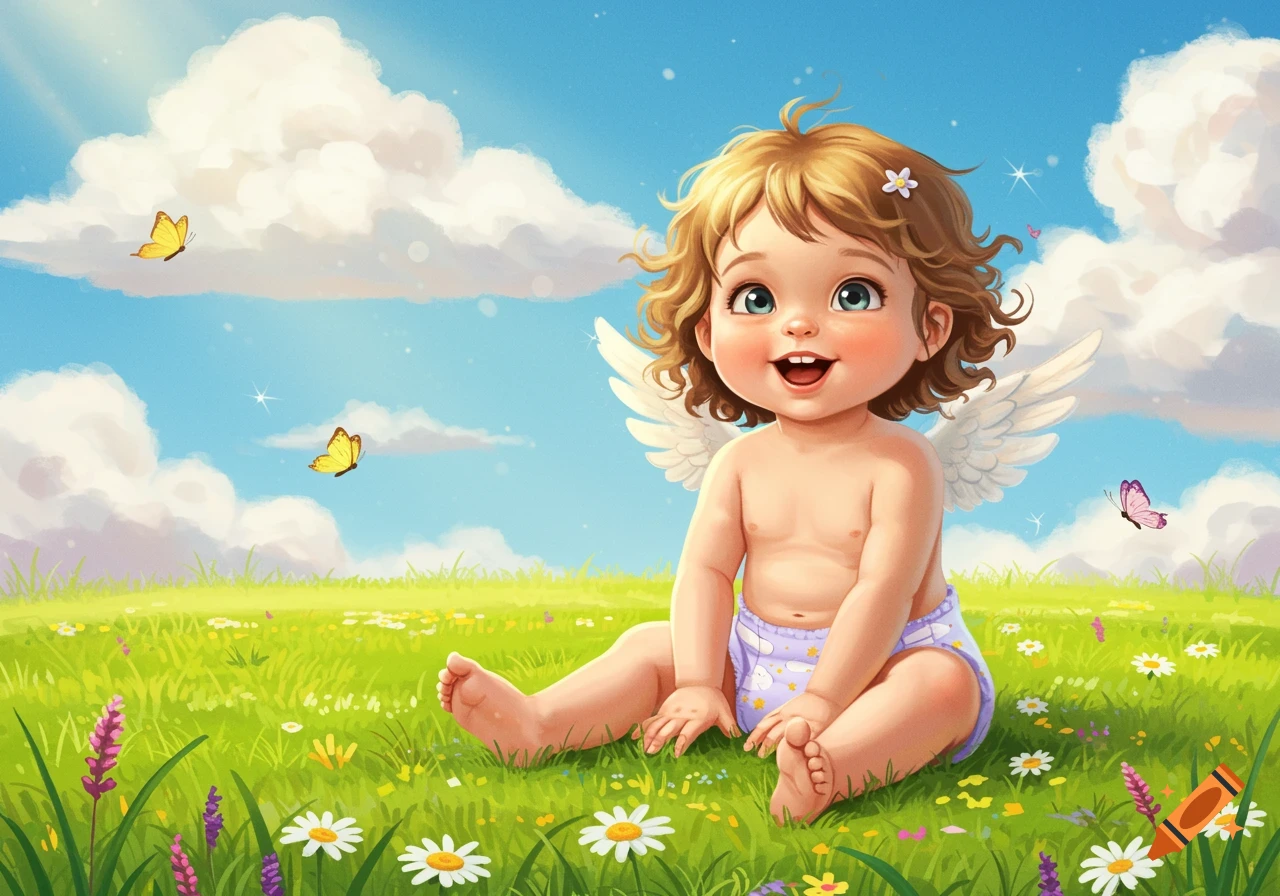An adorable winged baby in a fluffy diaper reaches for a glowing ...