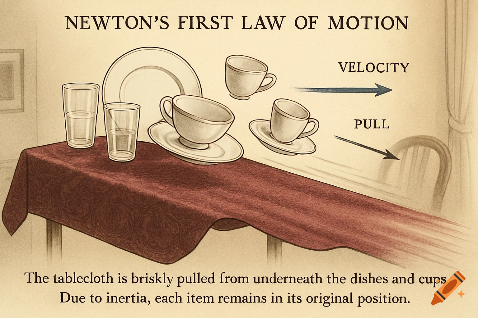 An illustration demonstrating Newton's First Law of Motion with a ...