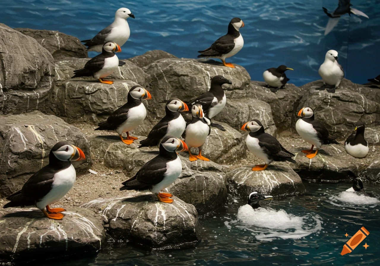 Photorealistic image of puffins and other seabirds on rocky outcrops in ...
