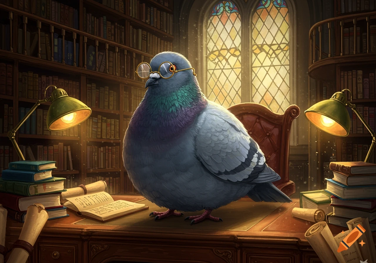 A cartoon pigeon with colorful neck feathers sits on a window ledge ...