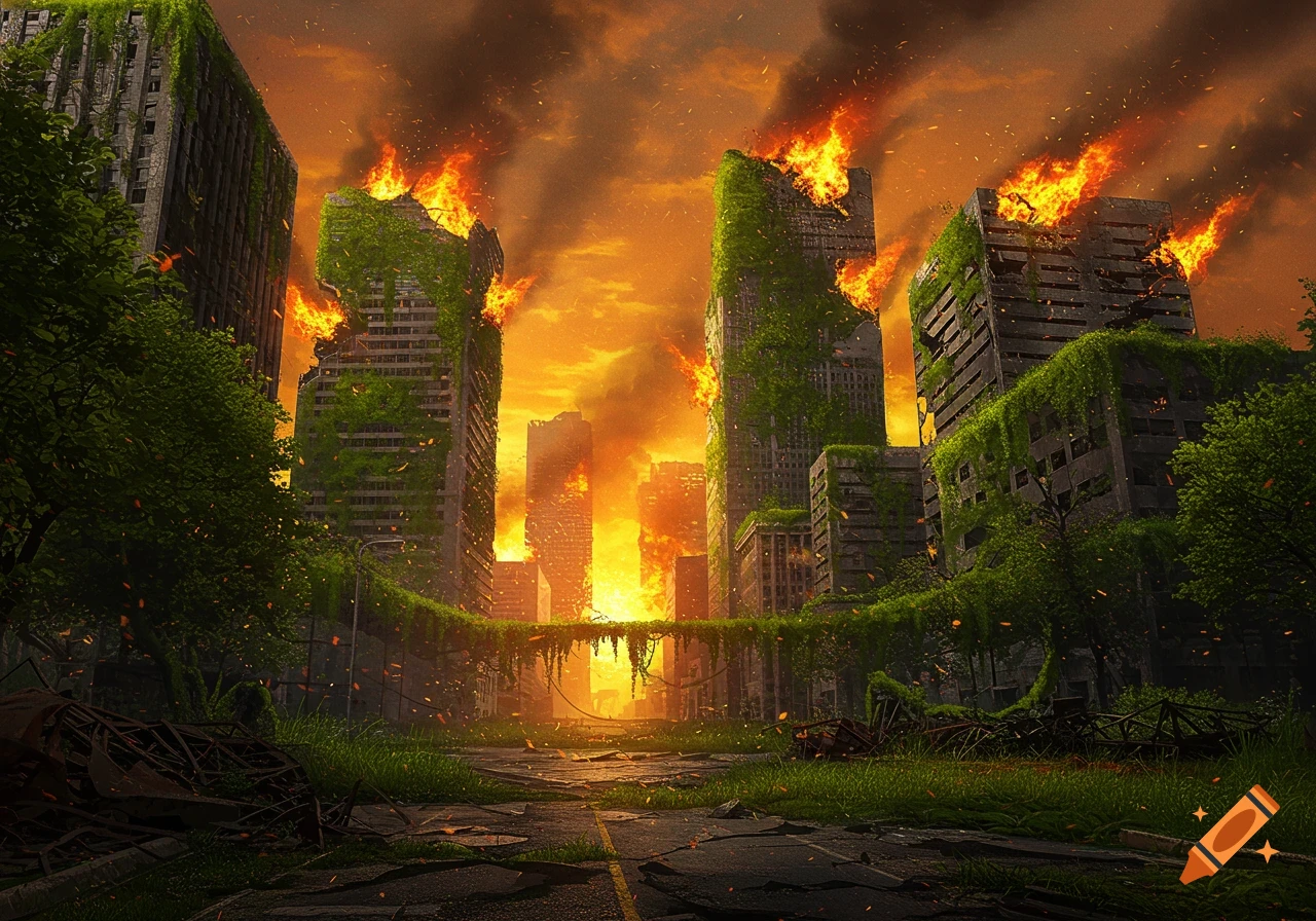 A desolate, post-apocalyptic city street lined with burning, destroyed ...
