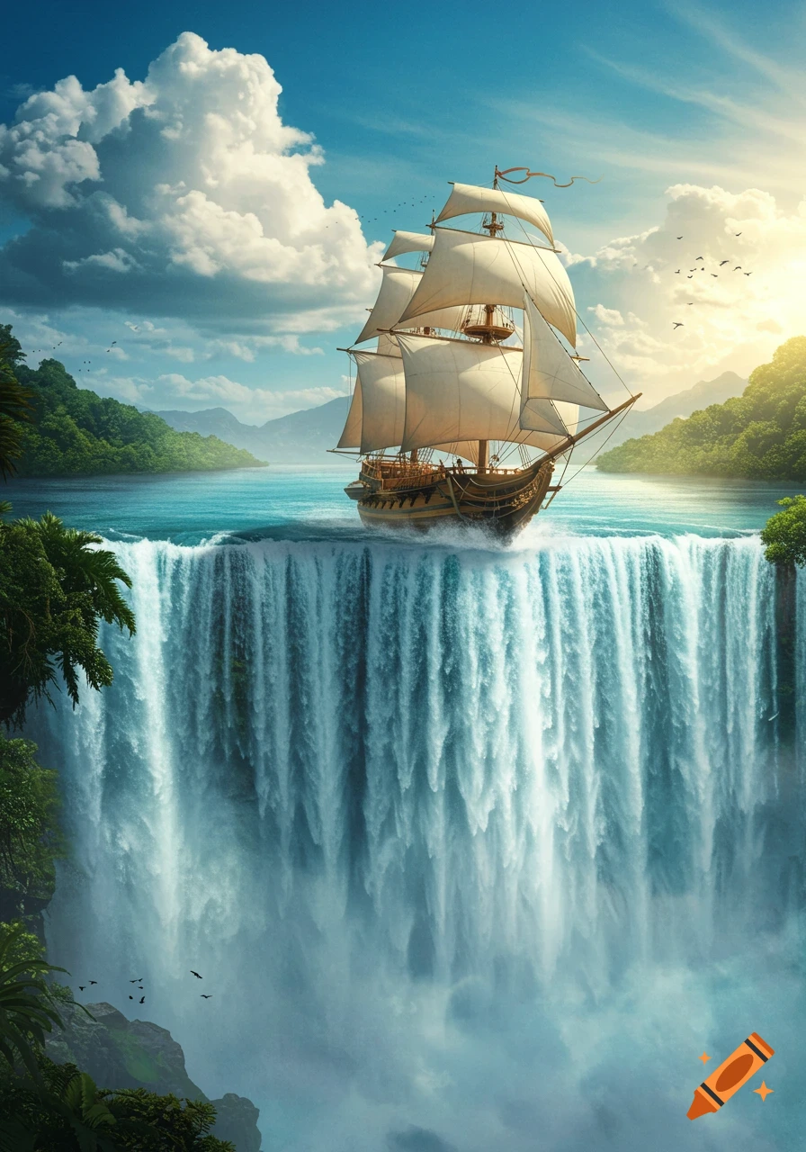 A majestic sailing ship appears to sail over the edge of a massive ...