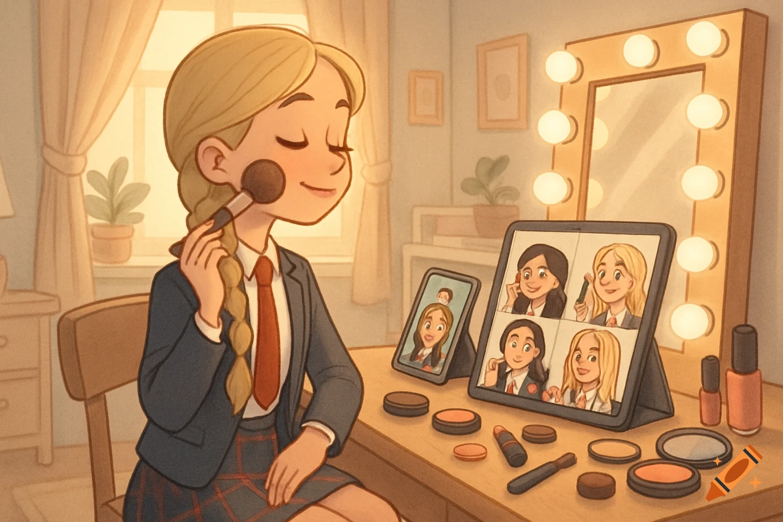 A cartoon blonde girl in a school uniform doing makeup at her vanity ...
