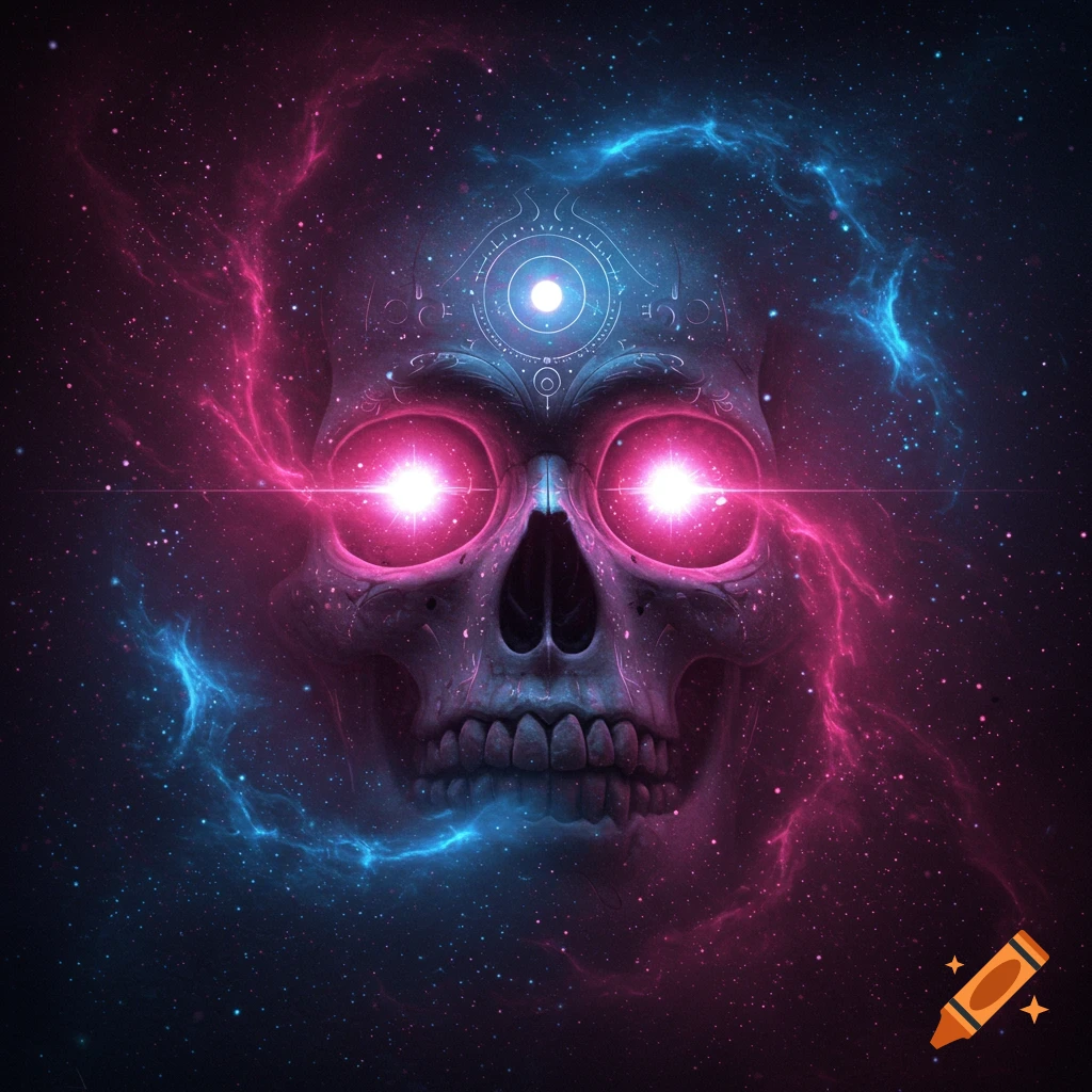 Close-up of vibrant teal eyes surrounded by swirling pink and blue ...