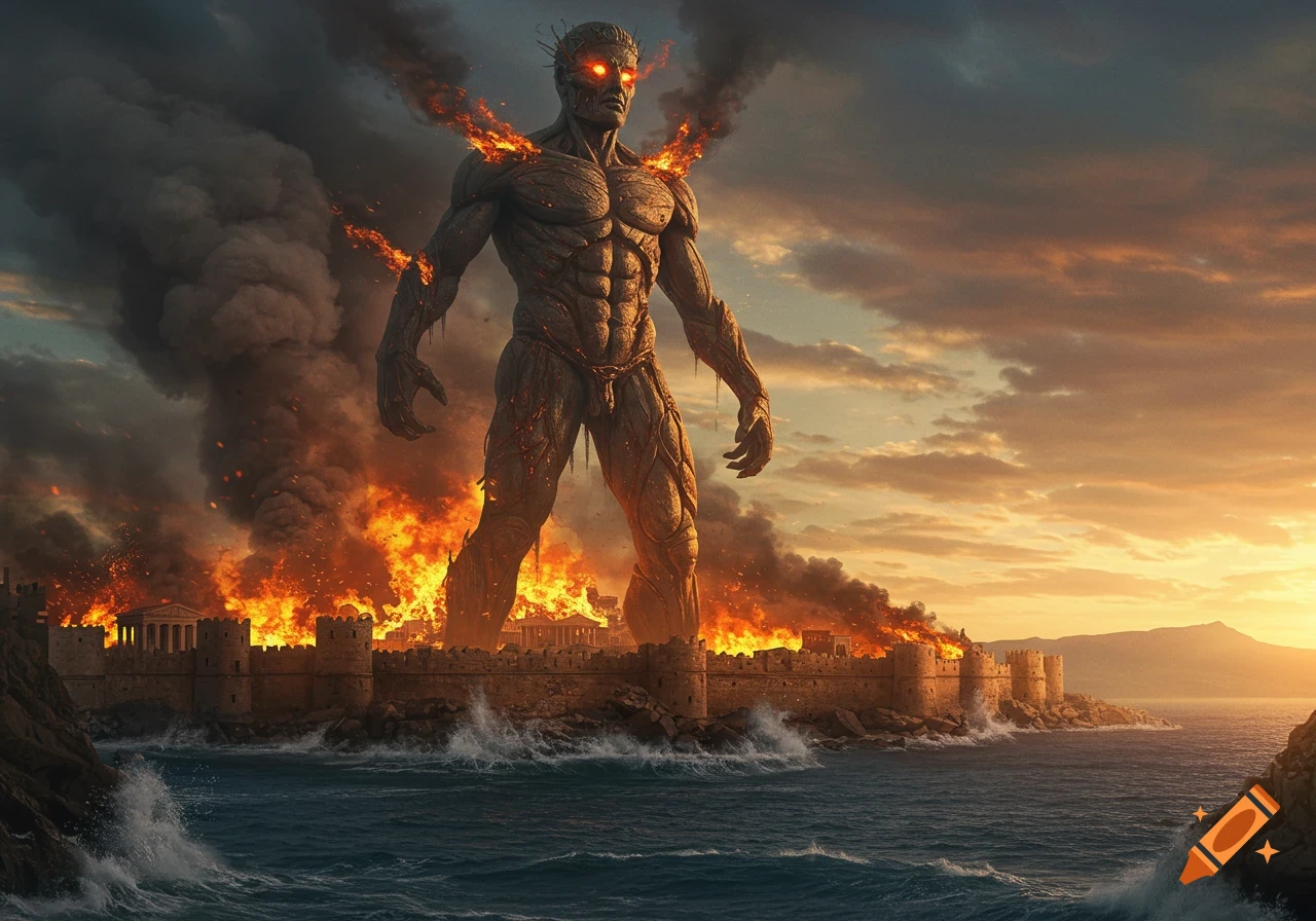 Large bronze statue of the Colossus of Rhodes standing over a harbor at ...