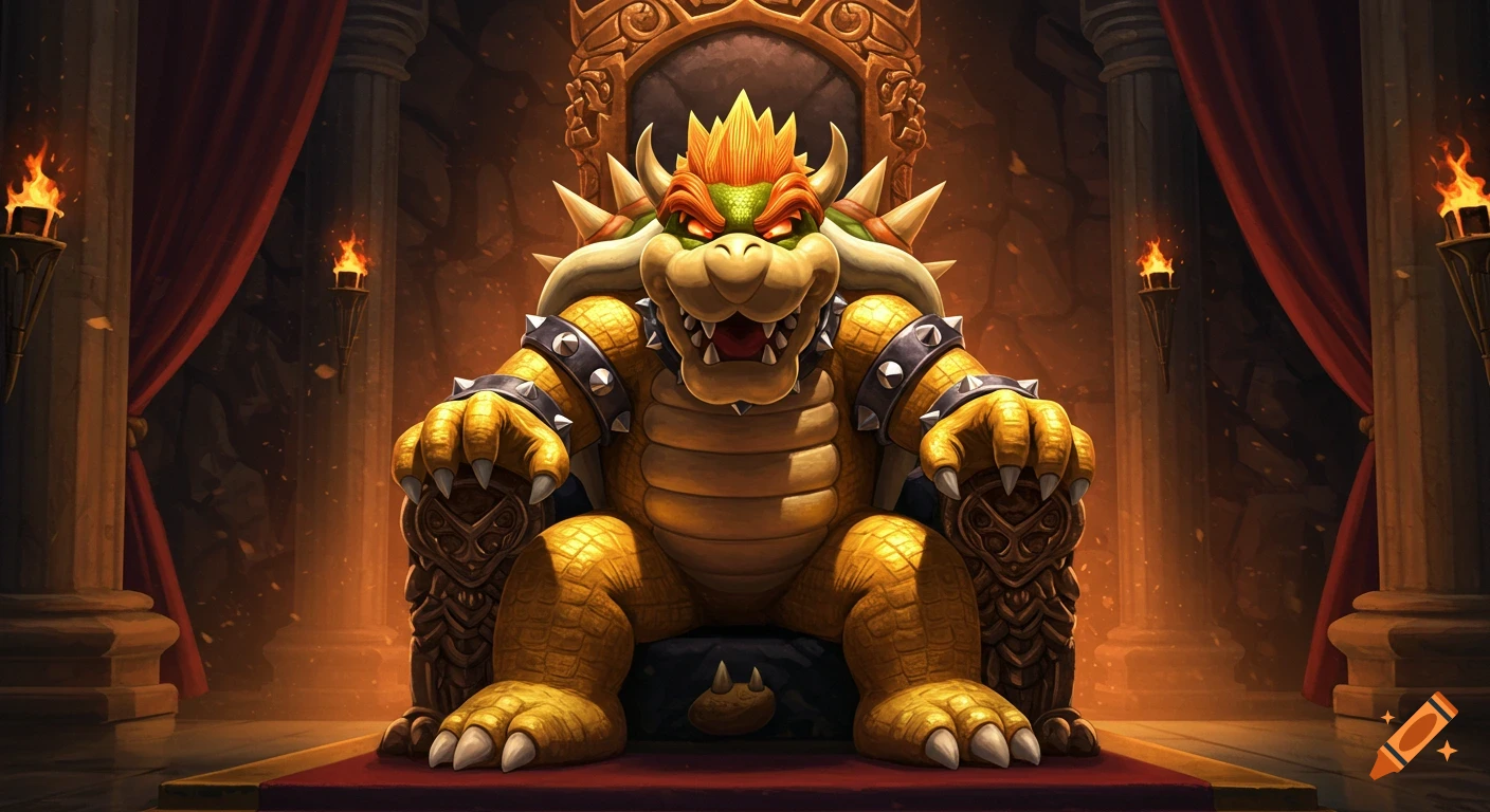 Bowser, rendered in glistening gold, sits menacingly on an ornate ...