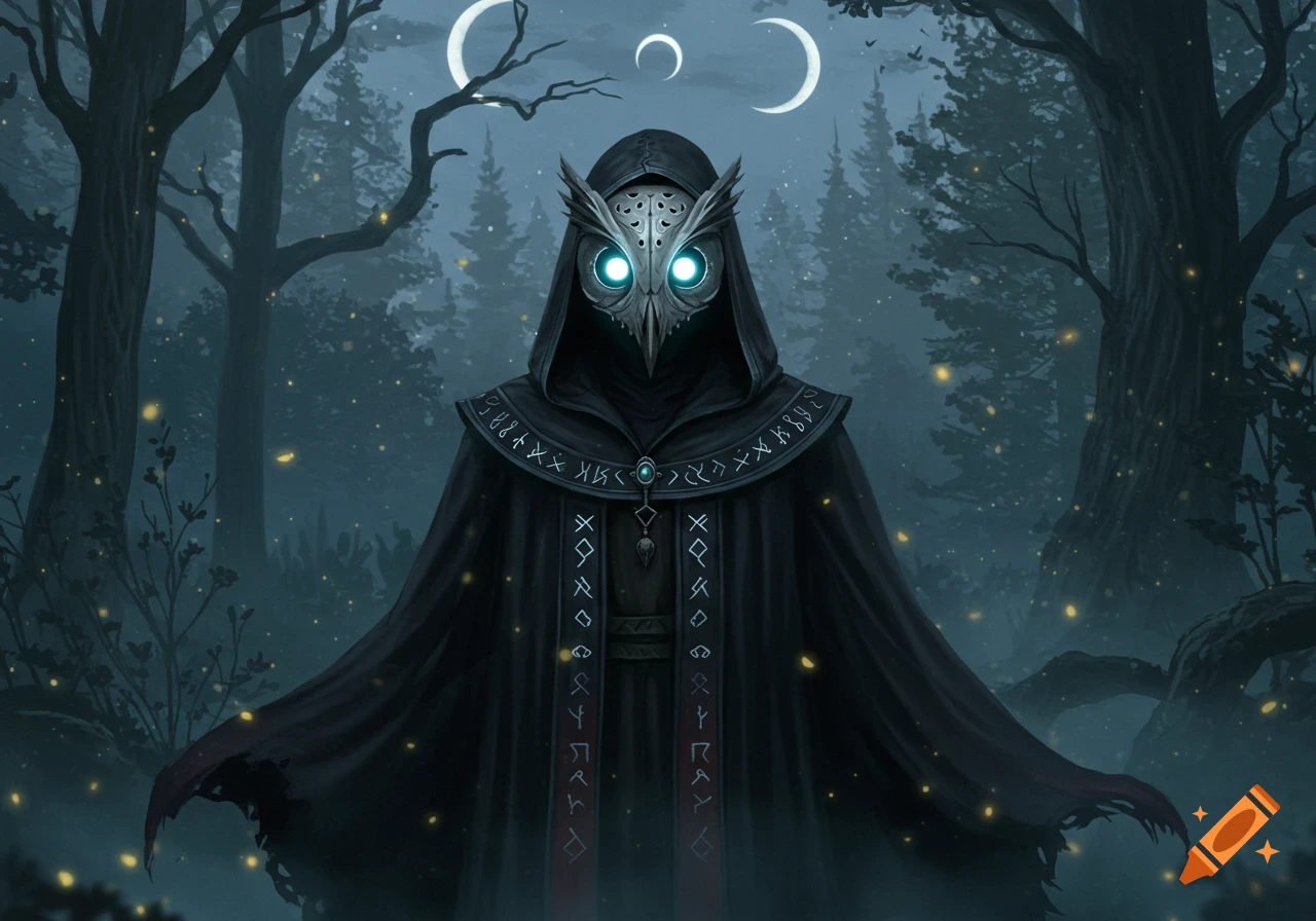 A mysterious figure in dark hooded robes and an owl skull mask stands in a moonlit forest with ...