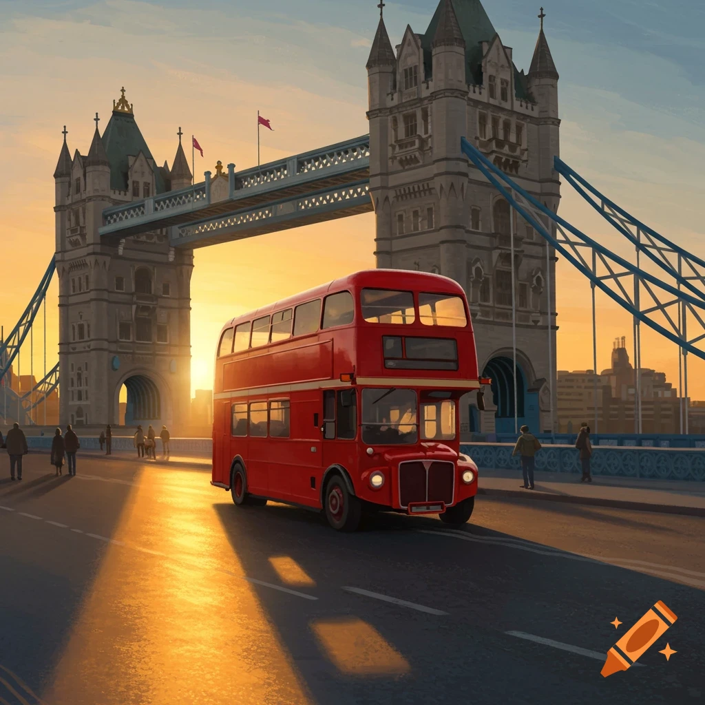 A red double-decker bus with feathers flies over the River Thames ...