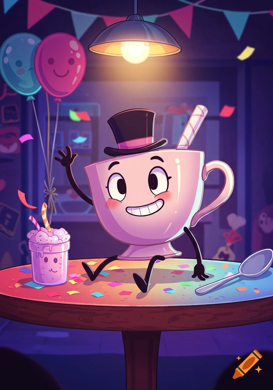 A happy cartoon teacup character with a top hat waves at a vibrant ...