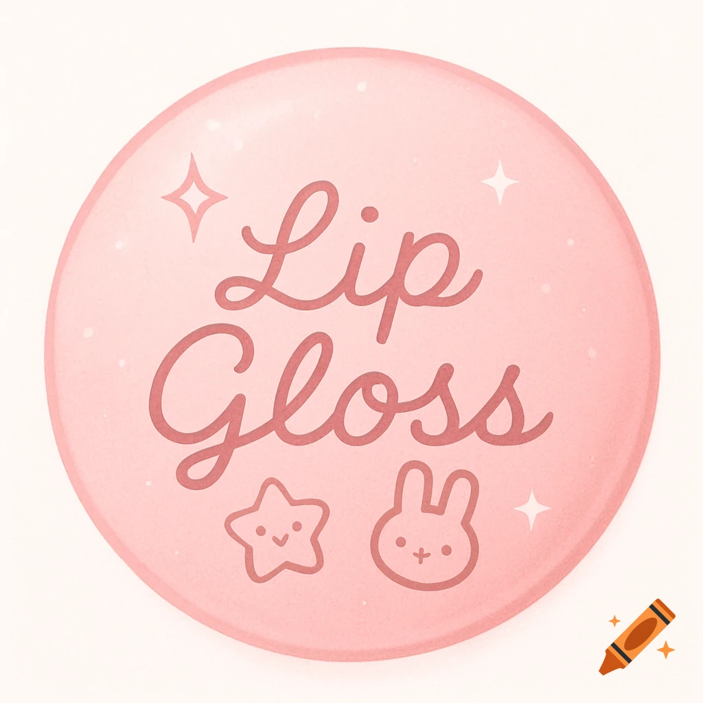 A soft pink circular label featuring 'Lip Gloss' in script, sparkles ...