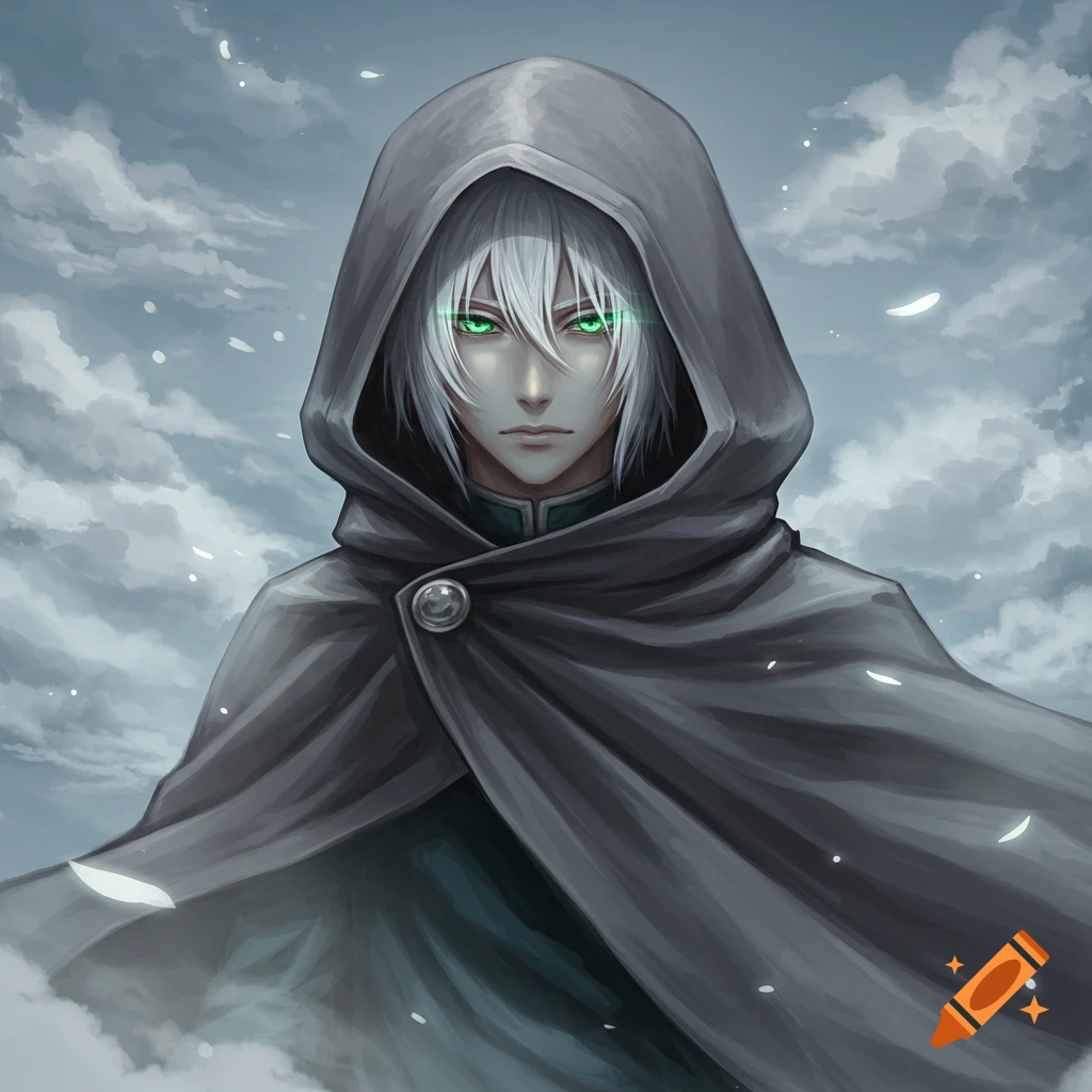 Anime man with white hair and glowing green eyes in a gray hooded cloak ...