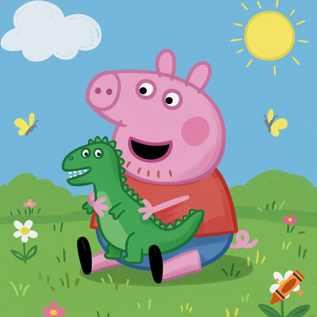 Peppa Pig stands in a colorful cartoon countryside with green hills ...
