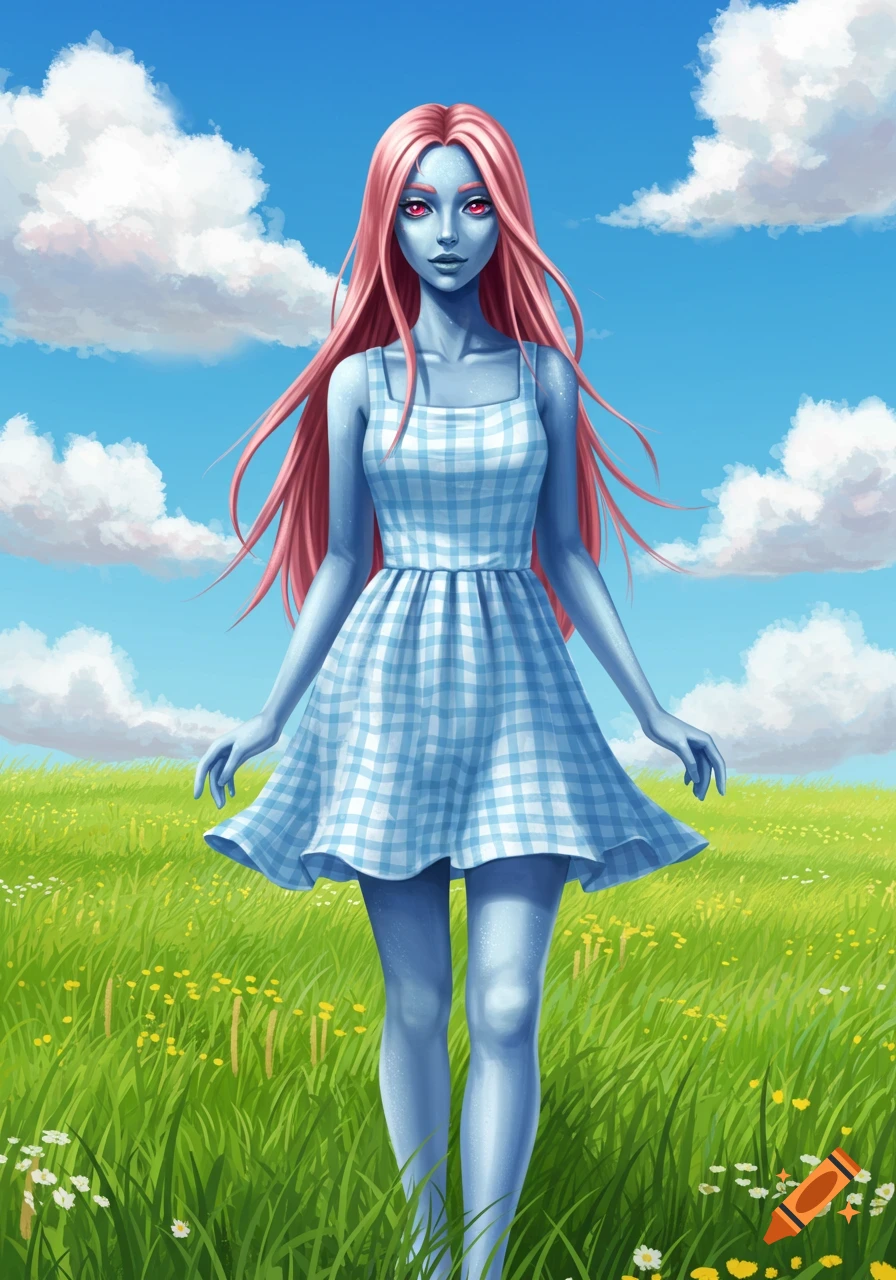 A blue-skinned woman with long pink hair and red eyes wearing a blue ...