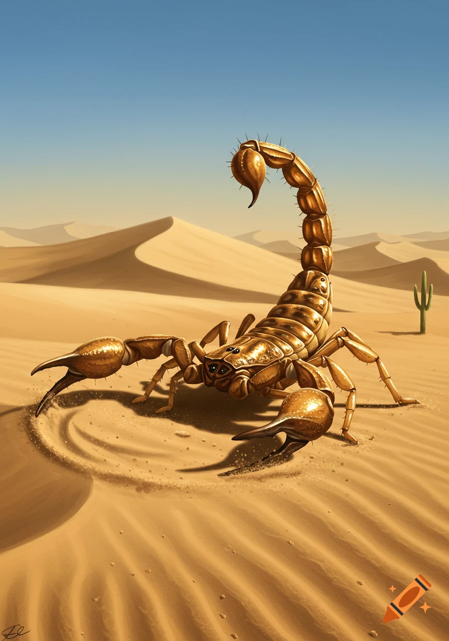 An illustration of a large golden scorpion standing on a sand dune in a ...