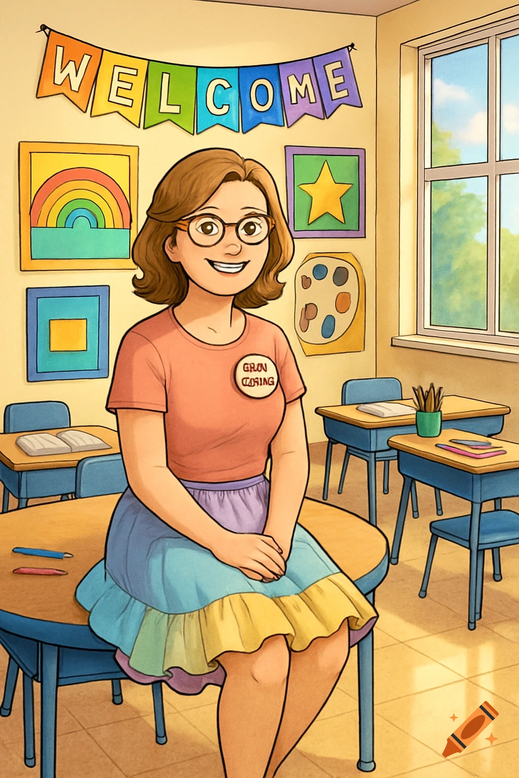 Cartoon illustration of a cheerful female teacher sitting on a ...