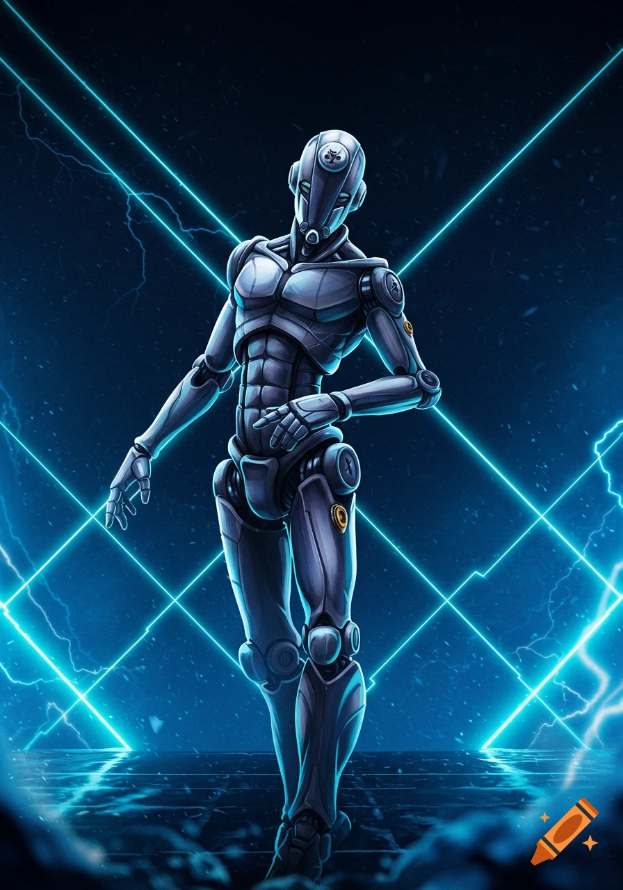 A stylized, bald, purple-skinned humanoid figure with glowing patterns ...