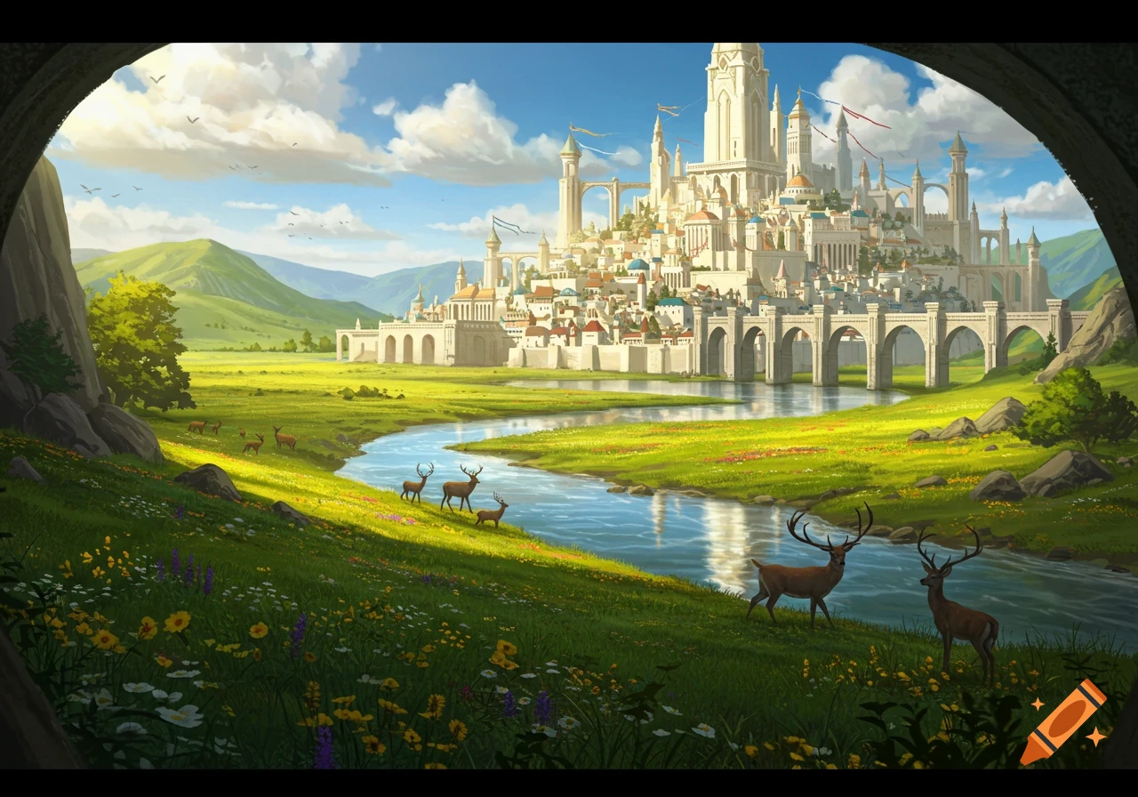 Magnificent castles with golden domes and spires rise above clouds, bathed in golden light at ...