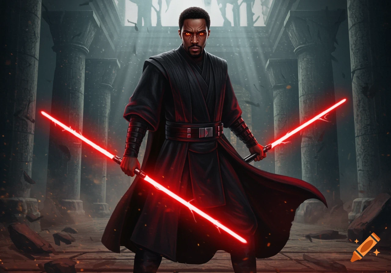 A powerful Sith Lord, a dark-skinned man with glowing red eyes, stands ...