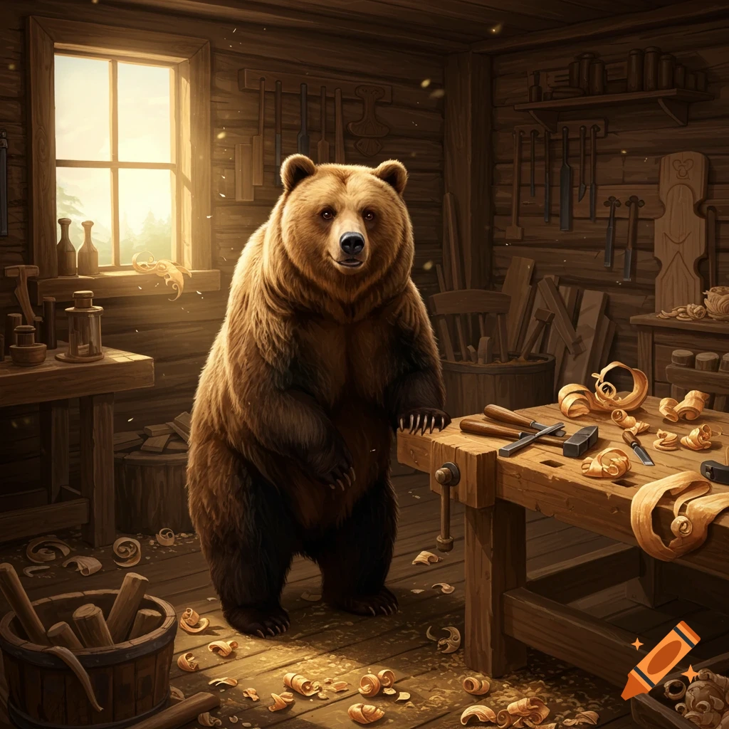 A large brown bear stands upright in a rustic, sunlit wooden workshop ...