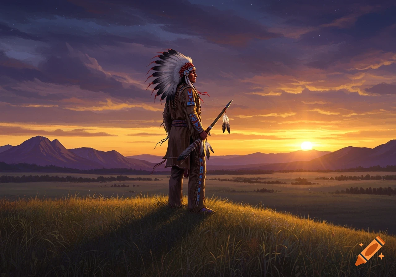 A painting of a Native American woman in traditional attire in a golden ...