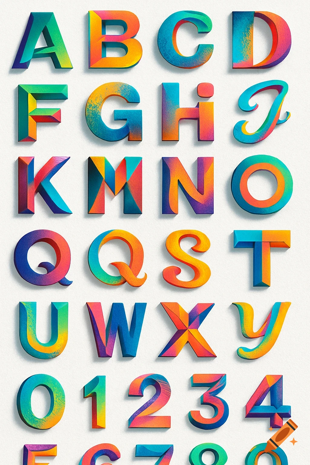 Colorful, textured 3D alphabet letters and numbers arranged in rows on ...
