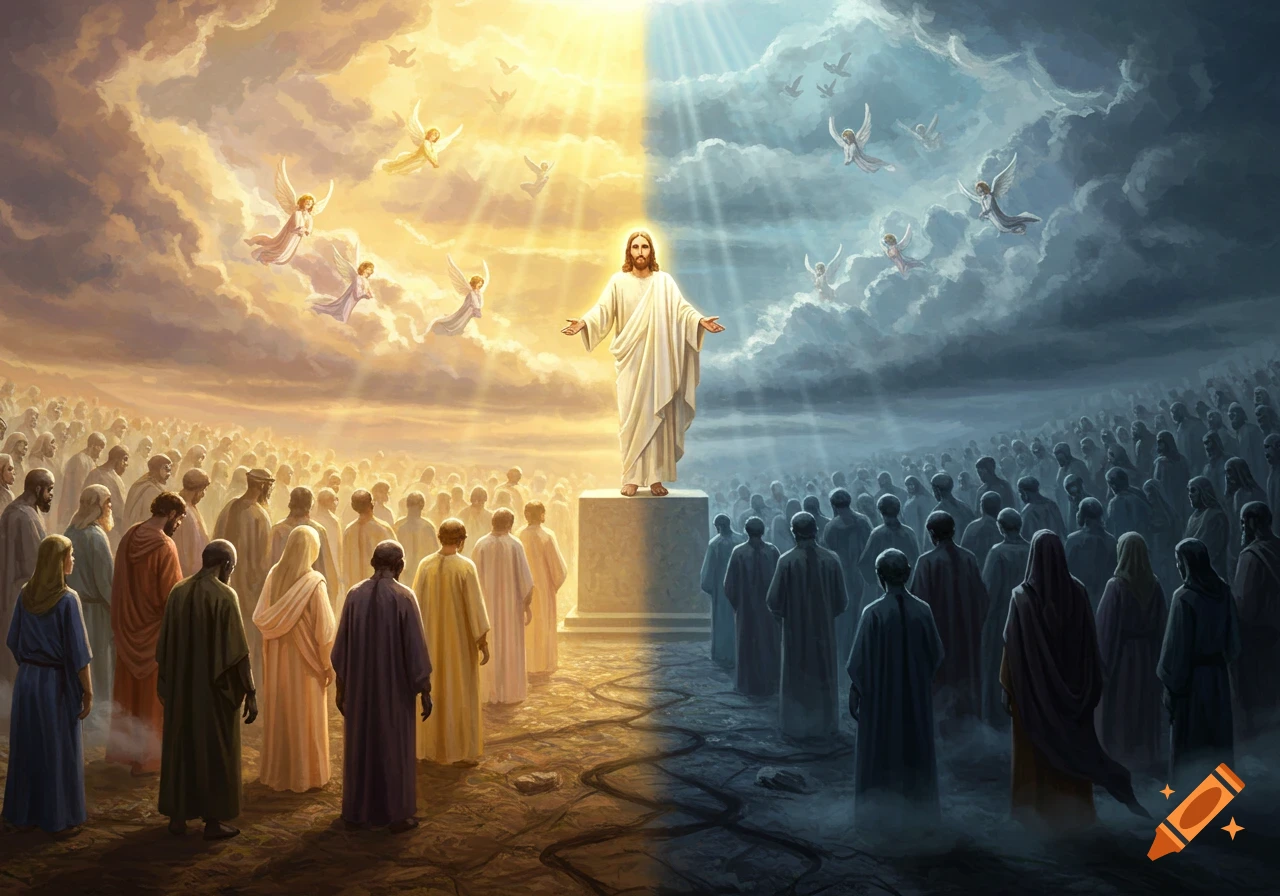 An ethereal painting of Jesus Christ standing in glowing clouds with ...
