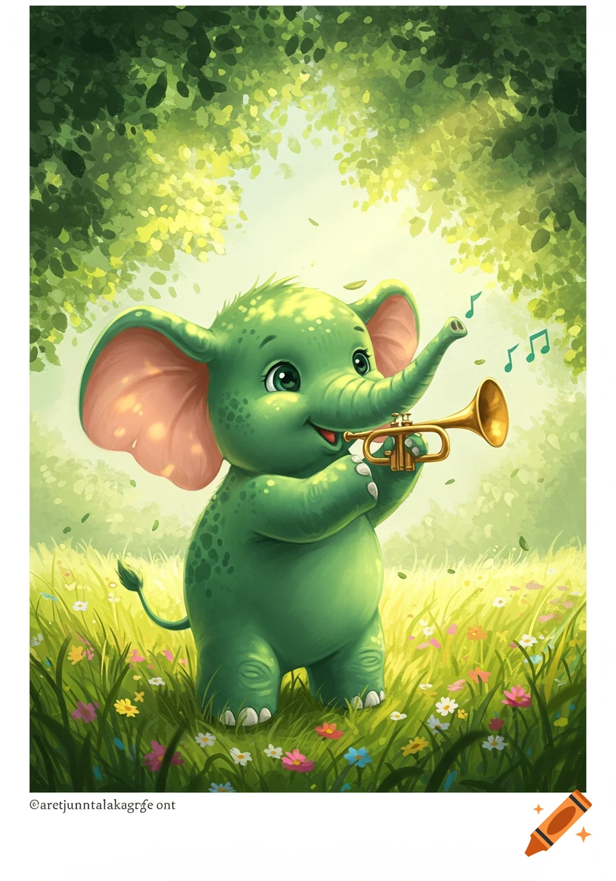 A cute green cartoon elephant plays a trumpet in a sunny, grassy field ...