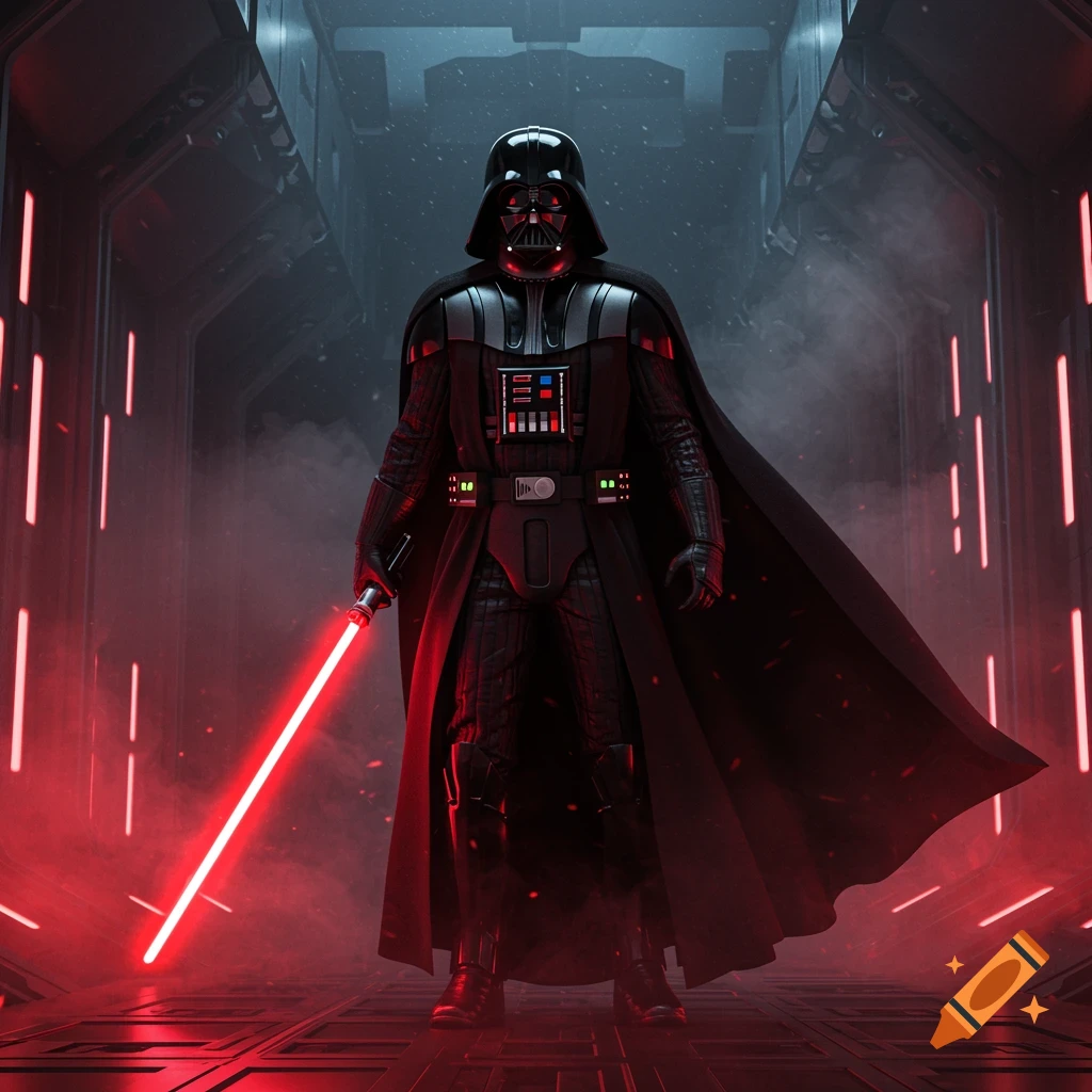 A stylized Darth Vader-like creature with glowing red eyes and a red ...