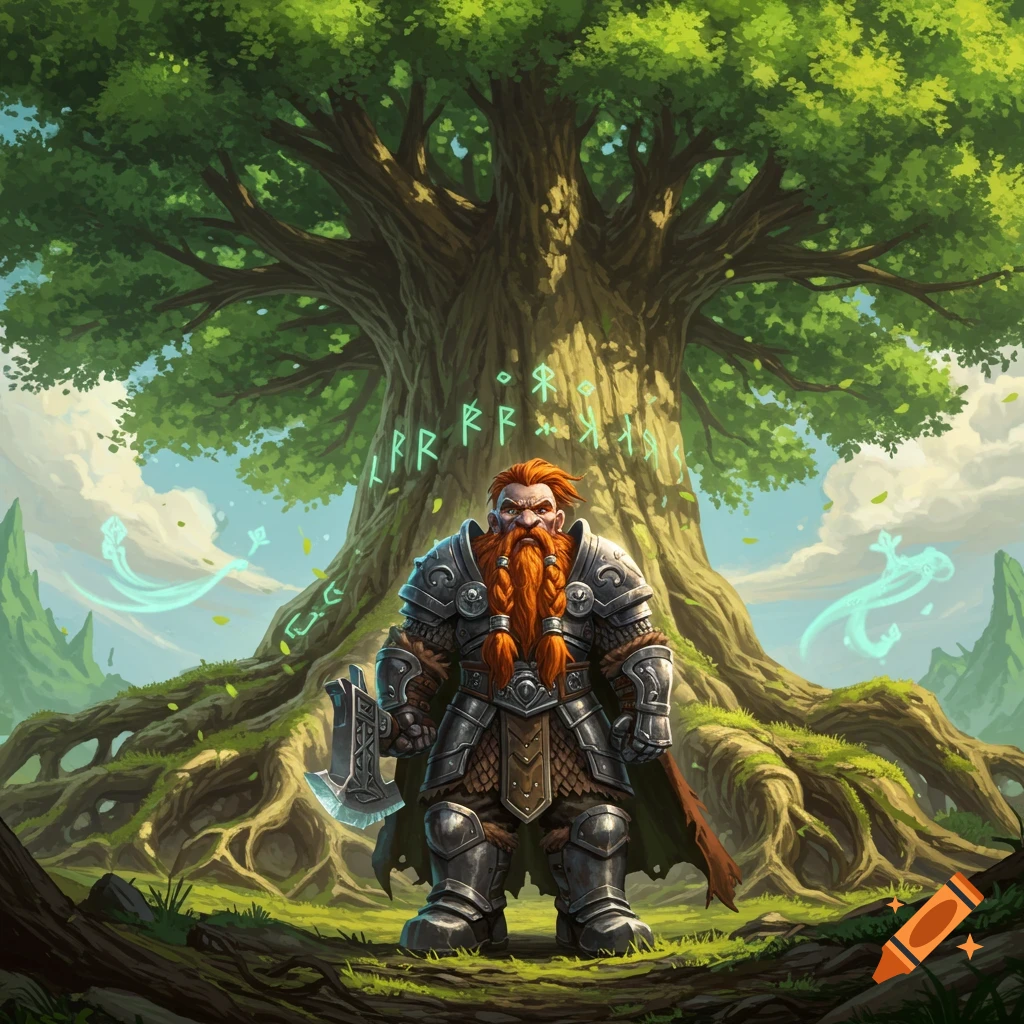 A formidable dwarf warrior in intricate armor, with a long braided red ...