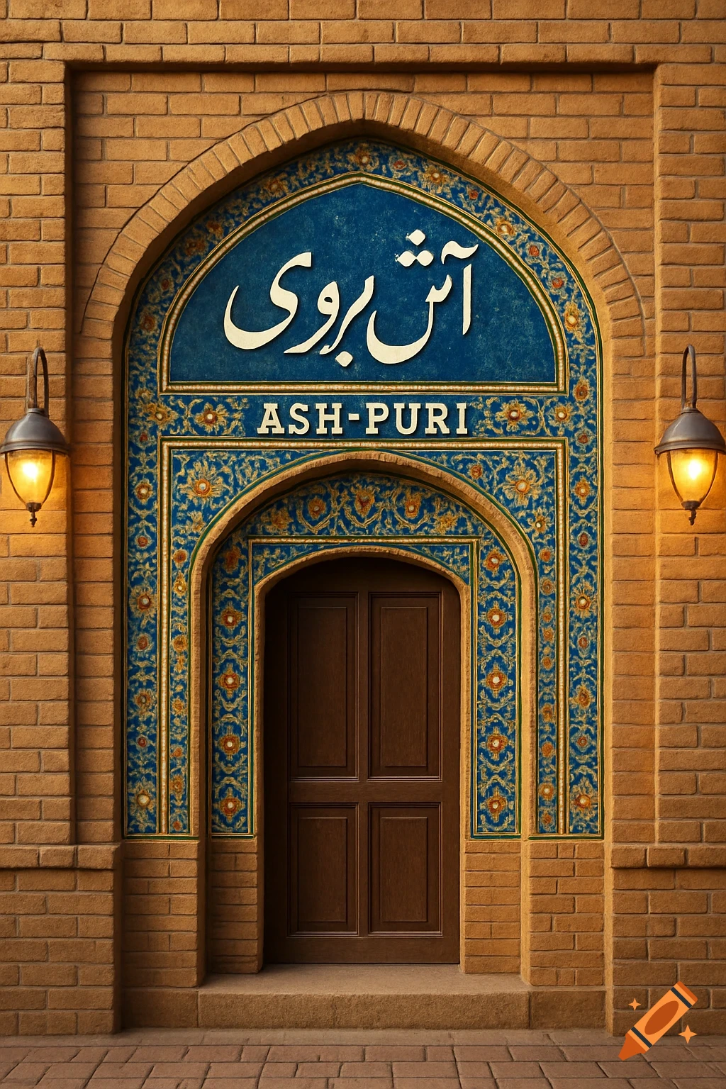 Photorealistic Iranian-style shop facade with a brown door, blue and ...