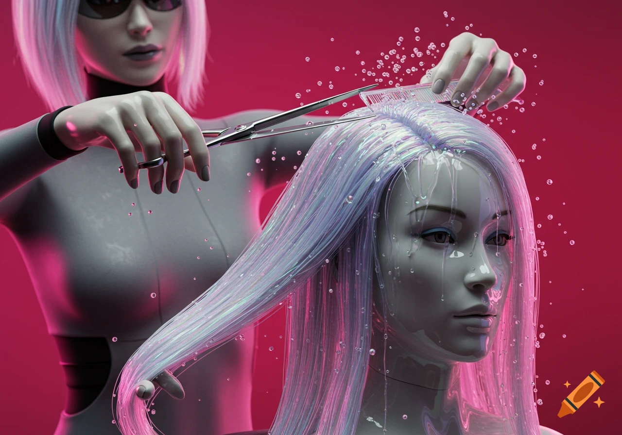 A futuristic stylist, an android with dark glasses, cuts and pours ...