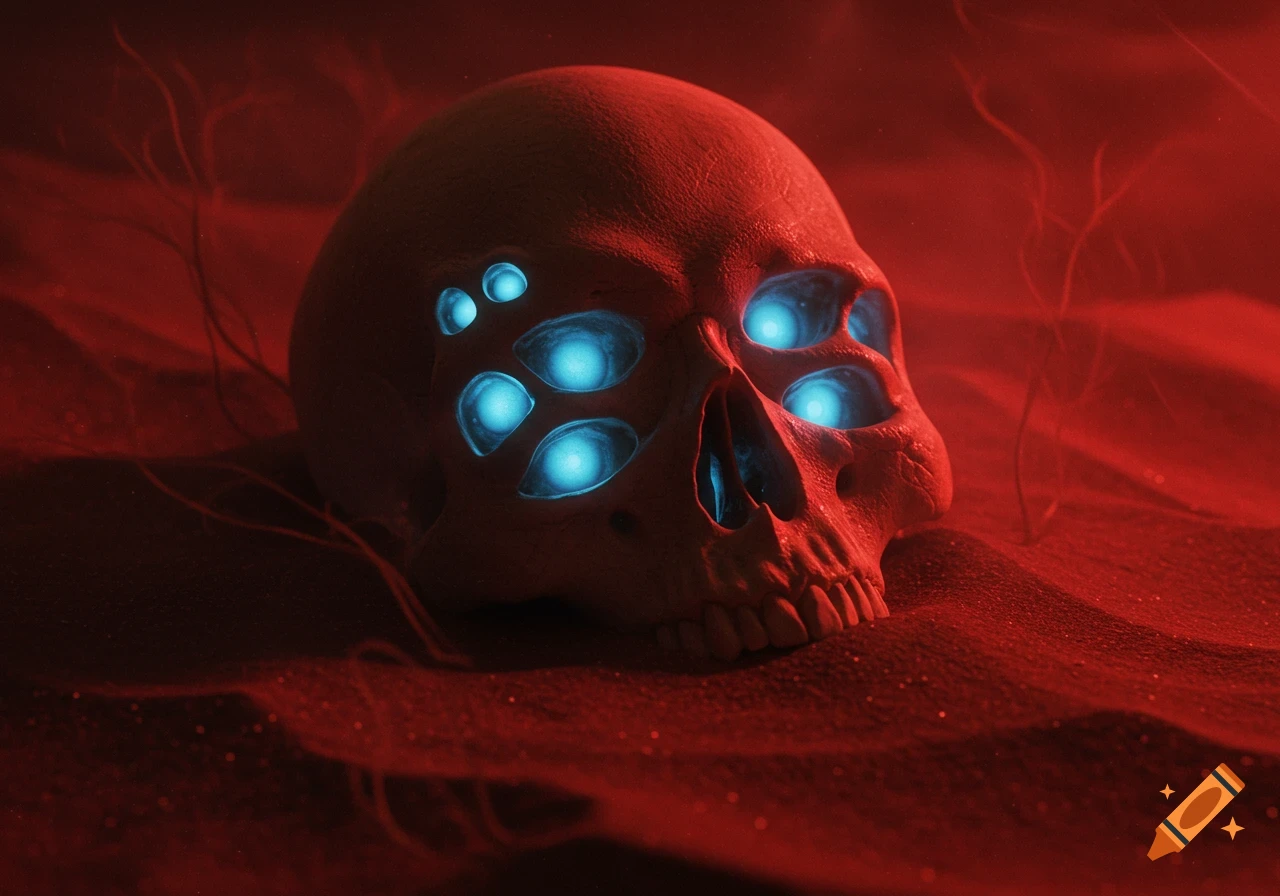 A red human skull with multiple glowing blue eyes rests on a red ...