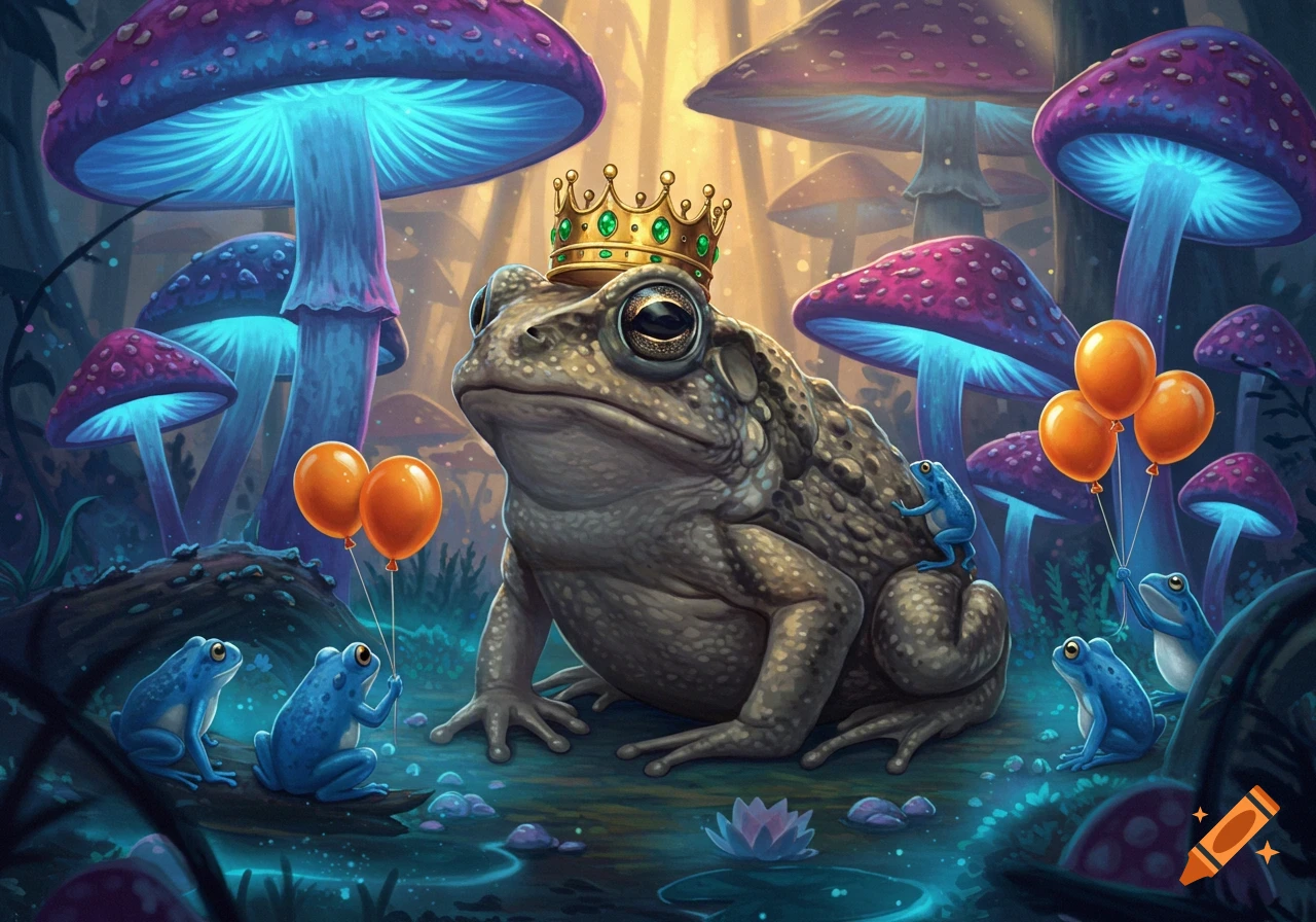 A group of anthropomorphic frogs in explorer clothes stand in a glowing ...