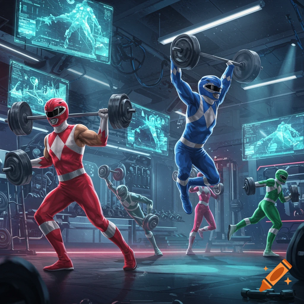 Power Rangers in a futuristic gym, lifting weights. The Red Ranger and ...