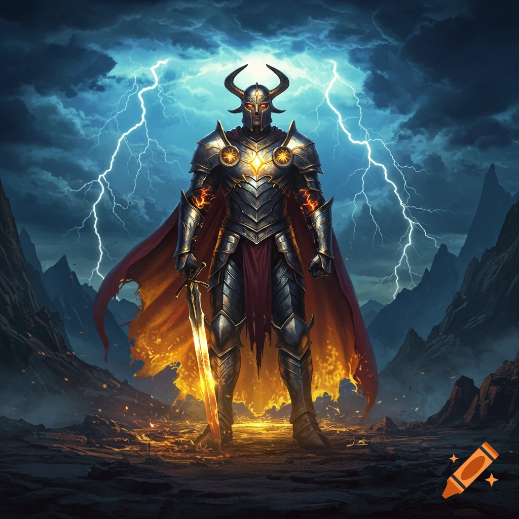 A dark, heavily armored beast warrior with glowing red eyes and sword ...