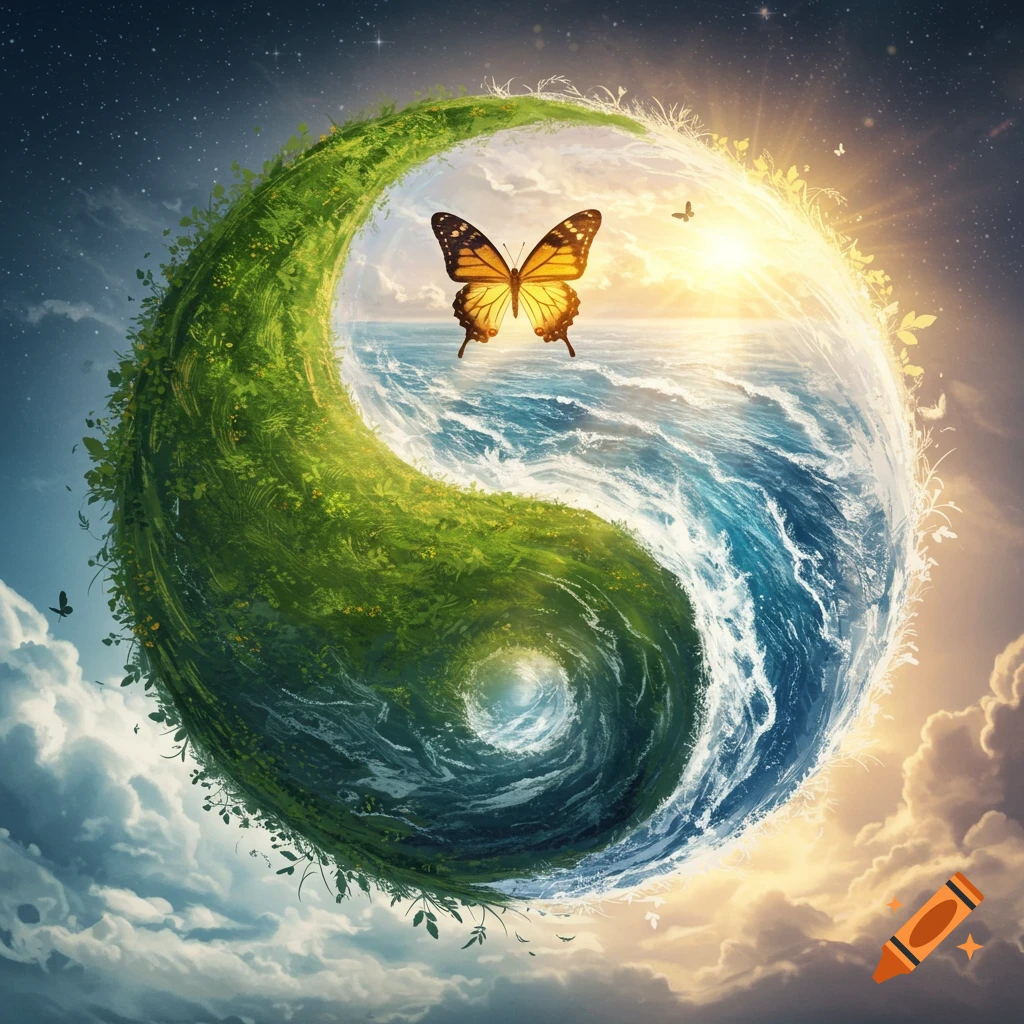 A vibrant yin-yang symbol, one half a lush green landscape and the ...