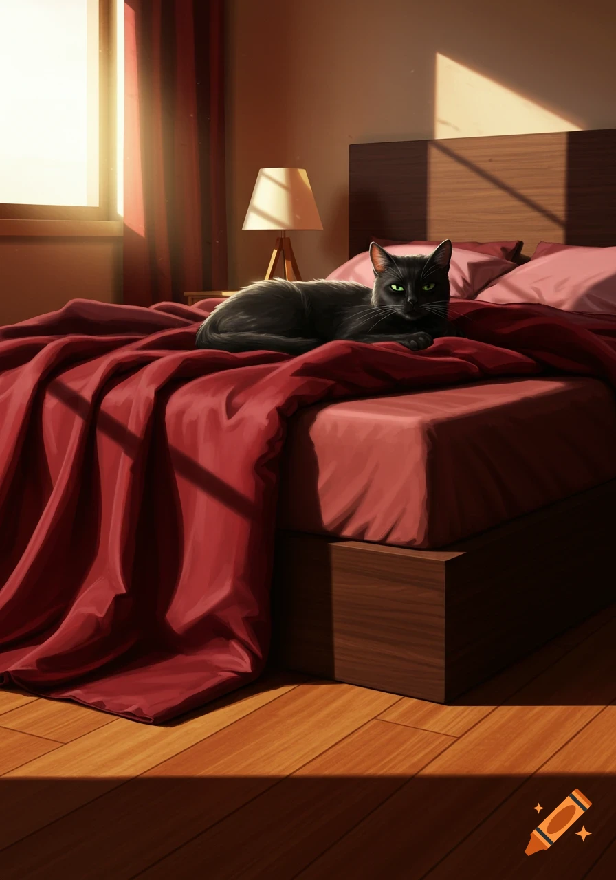A black cat with green eyes lies on a red comforter on a wooden ...